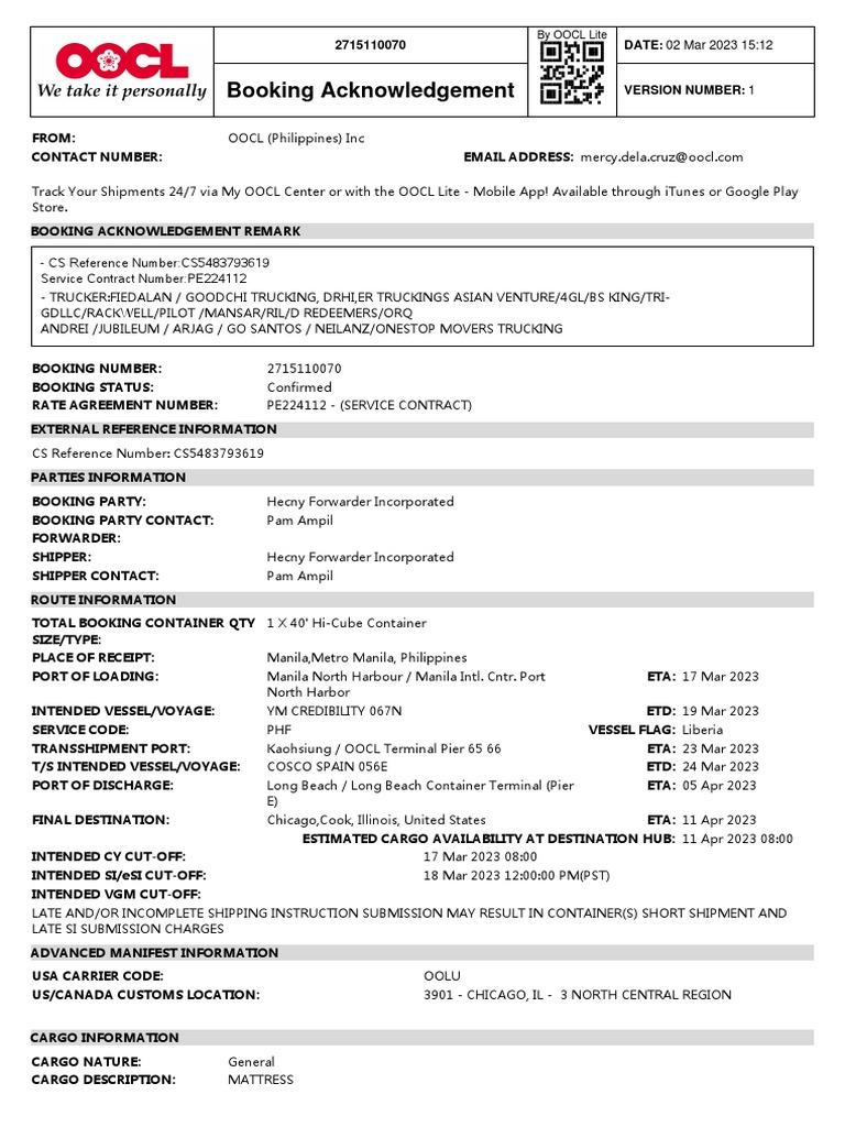 OOCL Booking Acknowledgement: 2715110070 | PDF | Cargo | Shipping