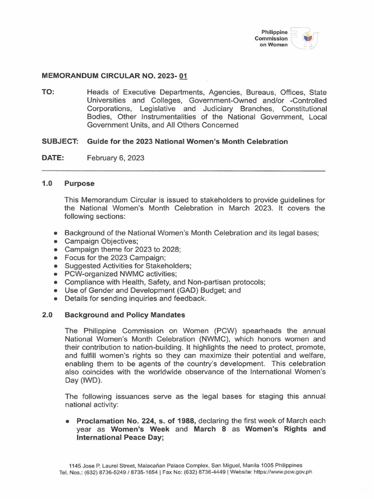 PCW Memorandum Circular No 2023 01 Guide National Womens Month ...