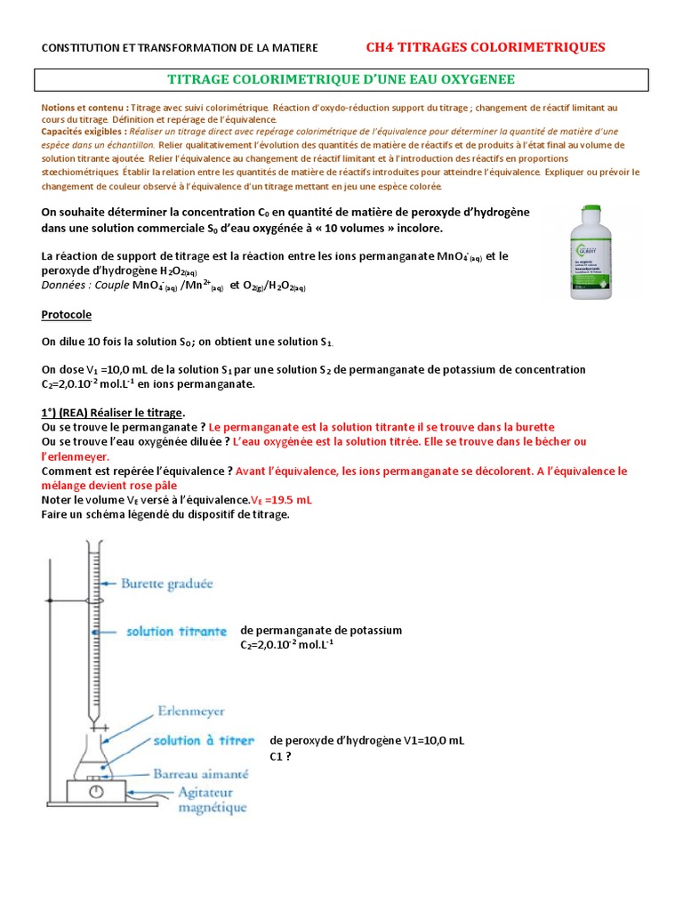 Titrage de l'eau oxygénée par KMnO4 | PDF | Titrage | Chimie