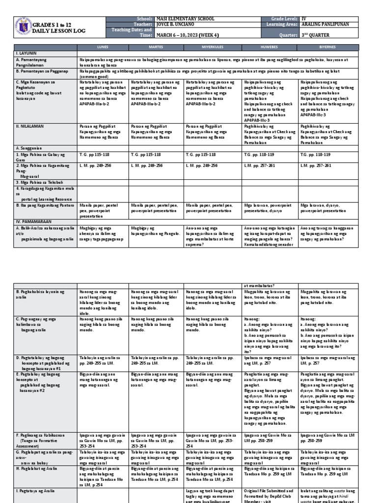 DLL - Araling Panlipunan 4 - Q3 - W4 | PDF