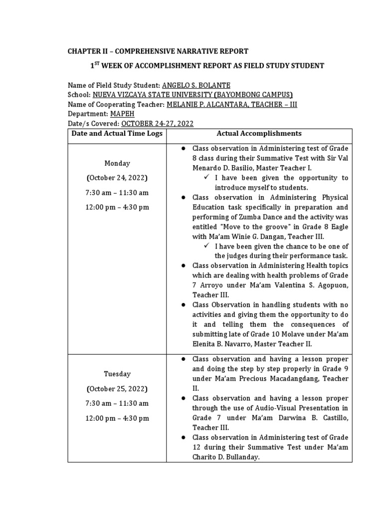 Field Study Comprehensive Report | PDF | Teachers