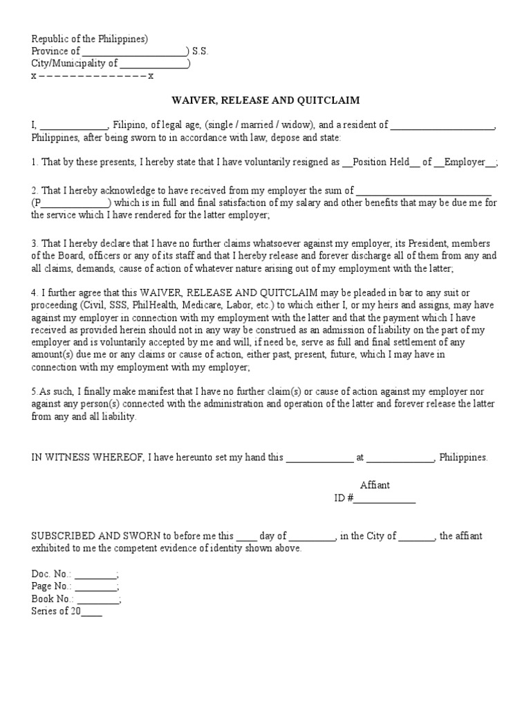 Employee Quitclaim and Waiver Template | PDF | Economies | Business