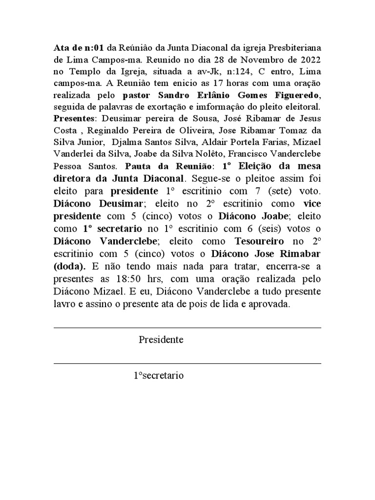 Ata de n 01 junta diaconal | PDF