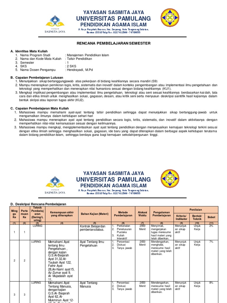 RPS Tafsir Pendidikan PDF | PDF