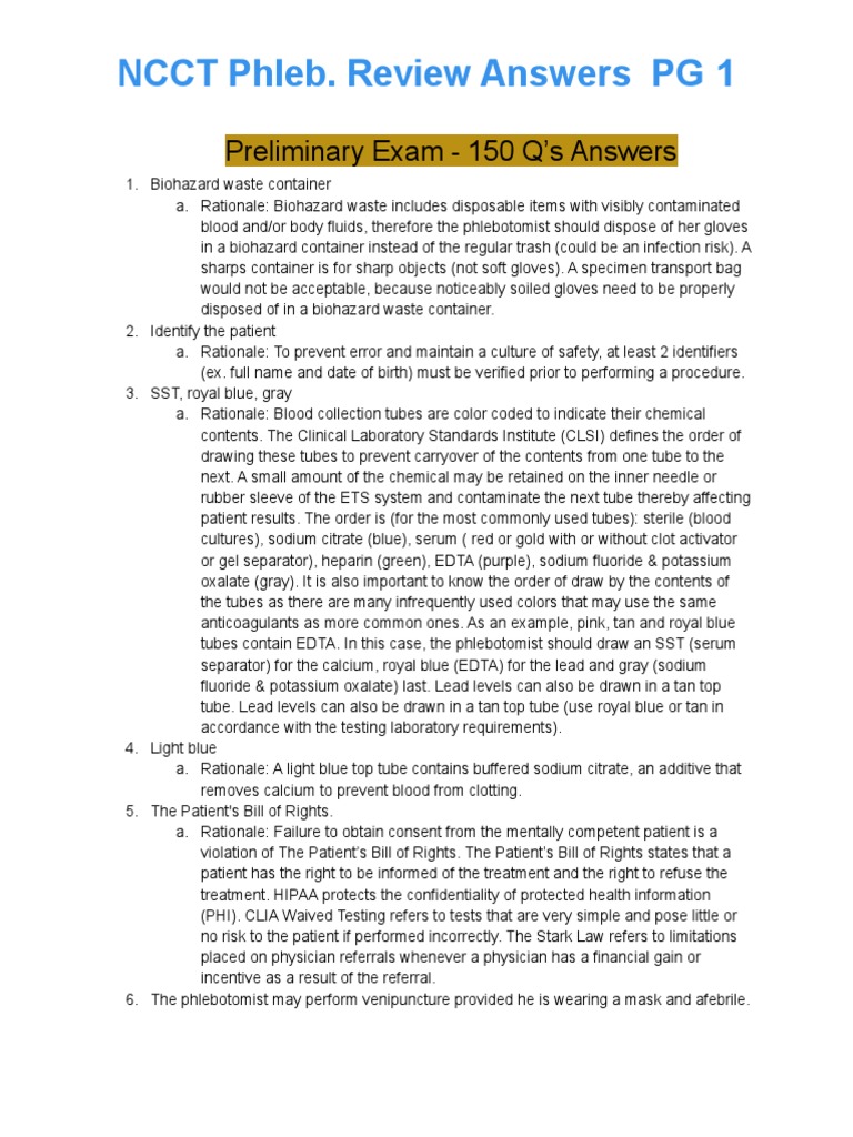 NCCT Phlebotomy Answer Key | Download Free PDF | Informed Consent | Vein