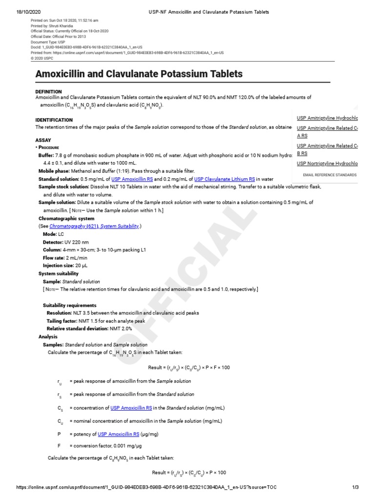 USP-NF Amoxicillin and Clavulanate Potassium Tablets PDF | PDF | Chromatography | Tablet (Pharmacy)