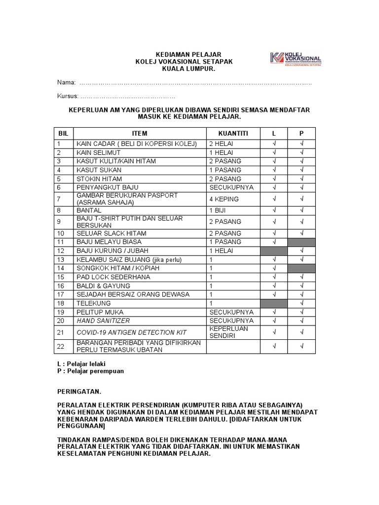 Senarai Keperluan Asrama KVSKL 2023 (27 Mac 2023) | PDF Senarai Keperluan Asrama KVSKL 2023 (27 Mac 2023) | PDF
