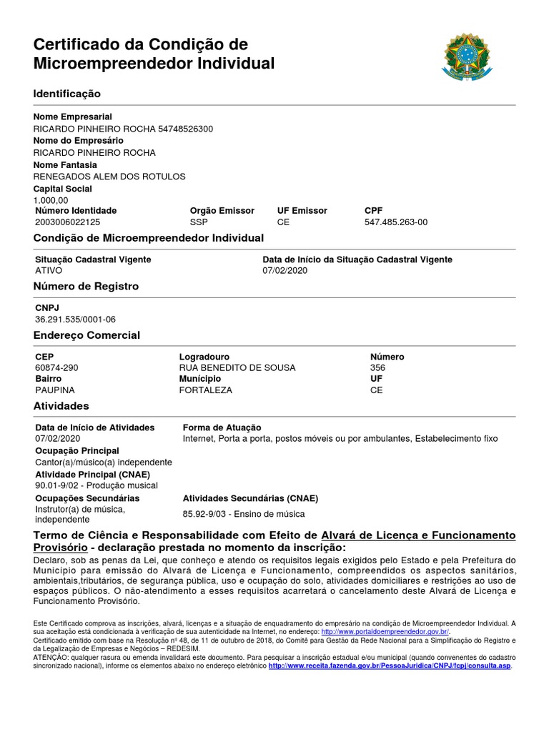 Certificado de Mei Contrato Social Estatuto Ou Ato Constitutivo Da ...