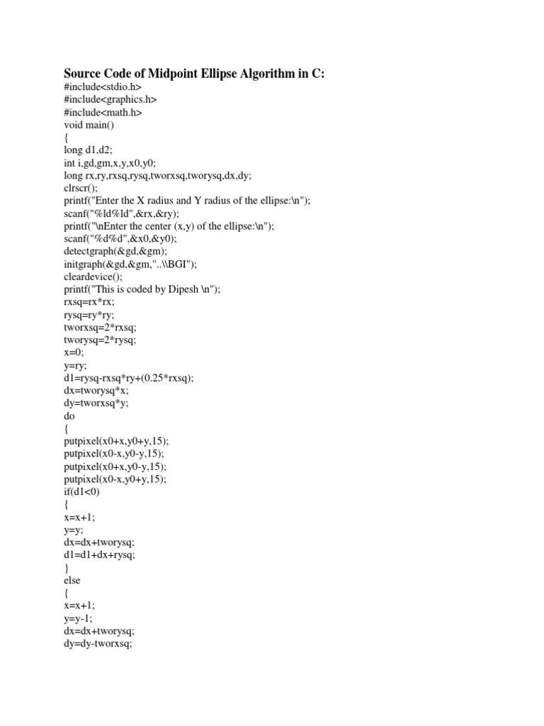 4.midpoint Ellipse Algorithm in C | PDF 4.midpoint Ellipse Algorithm in C | PDF