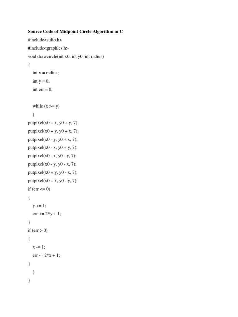 Midpoint Circle Algorithm in C | PDF | Technology & Engineering