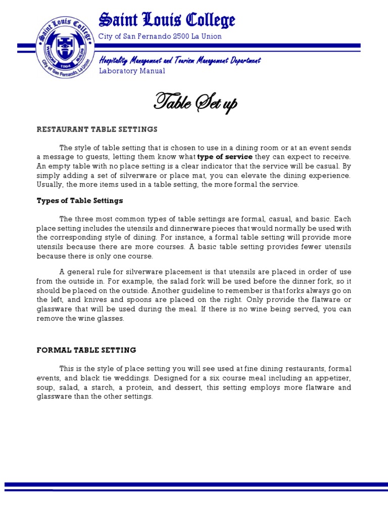 Table Set Up PDF | PDF | Tableware | Domestic Implements