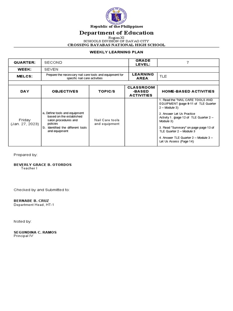 WEEKLY LEARNING PLAN For Jan. 6 2023 | PDF | Learning | Behavior Modification