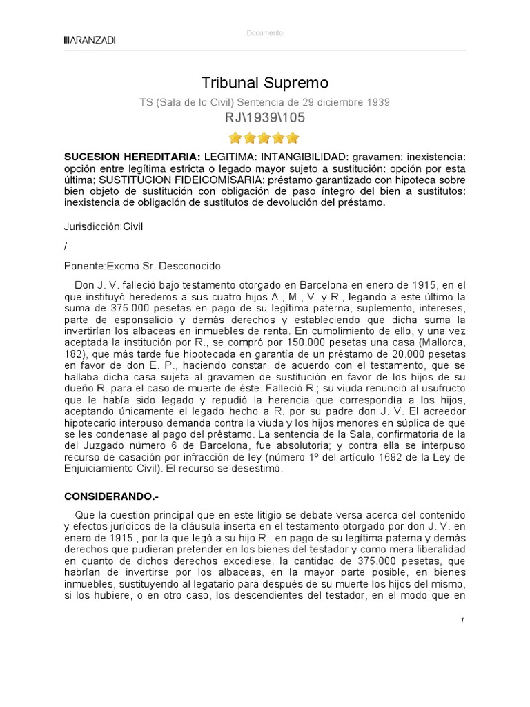 Jur - TS (Sala de Lo Civil) Sentencia de 29 Diciembre 1939 - RJ - 1939 - 105 | PDF | Legado ...