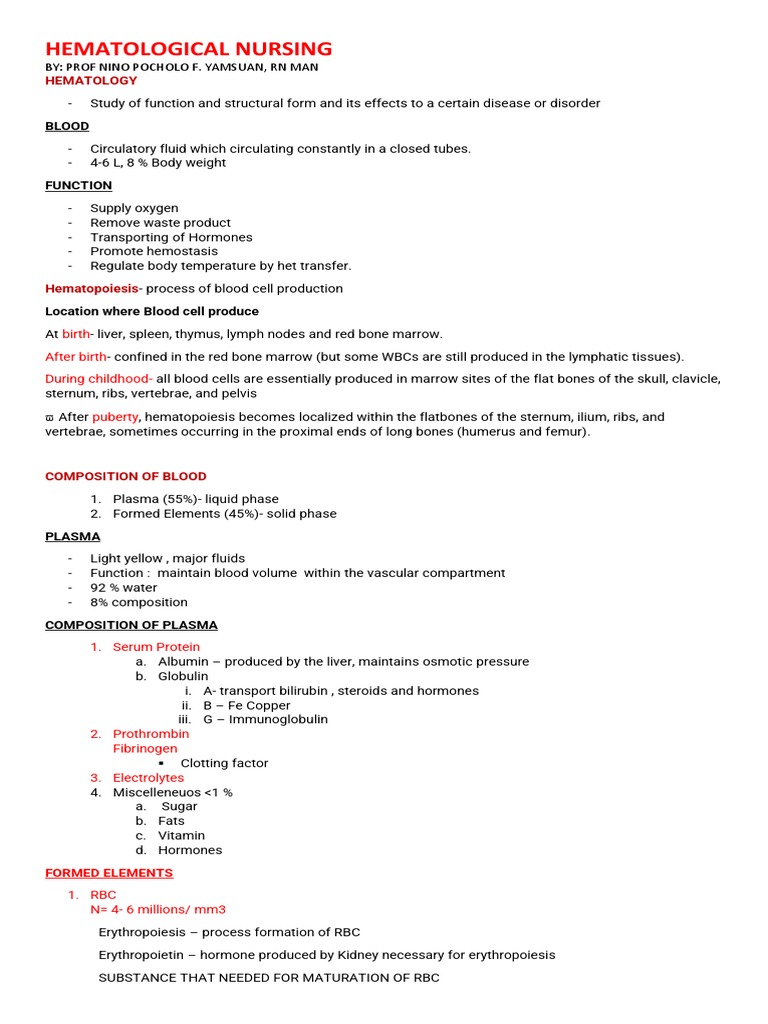 Hematology Nursing Handout PDF | PDF | Granulocyte | Blood Plasma