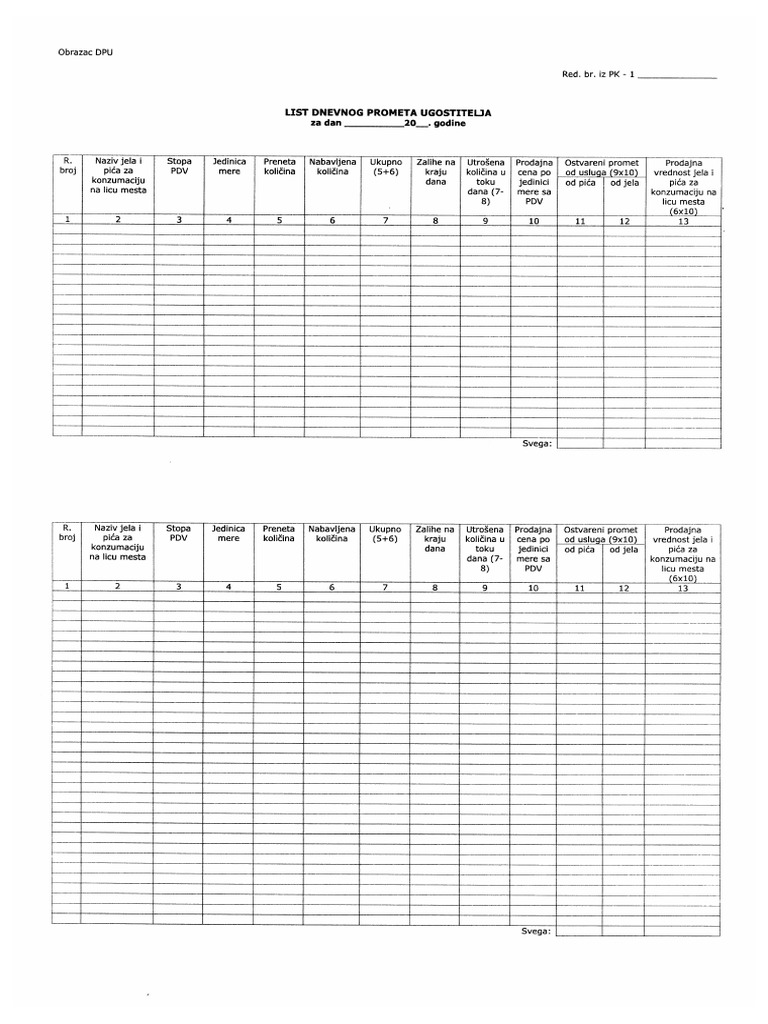 Obrazac DPU LIST DNEVNOG PROMETA UGOSTITELJA | PDF