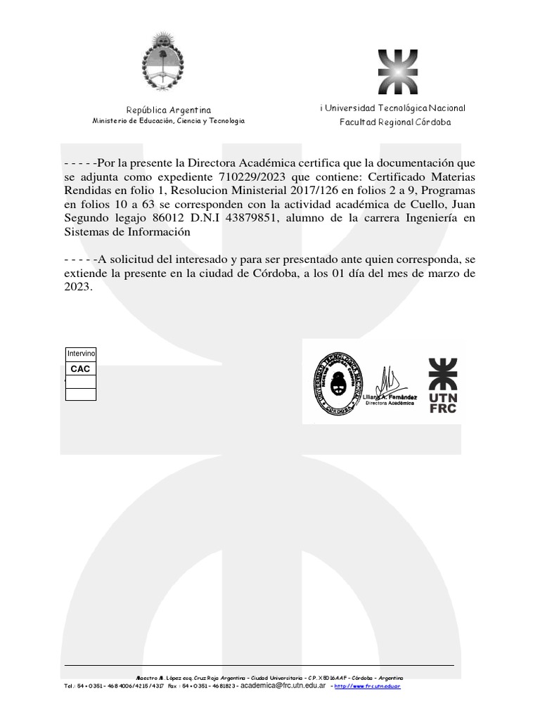 Cert-UTN-FRC-Cuello Juan - 86012 PDF | PDF | Integral | Espacio vectorial