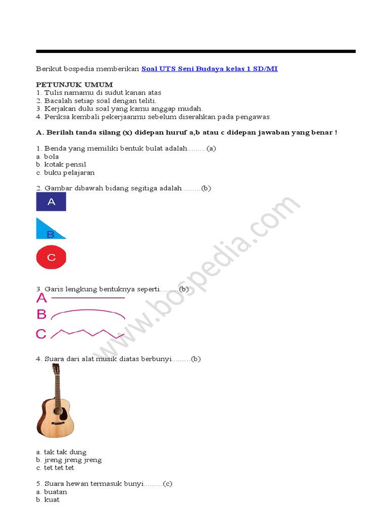 20+ Contoh Soal UTS Seni Budaya Kelas 1 SD MI Dan Kunci Jawaban | PDF