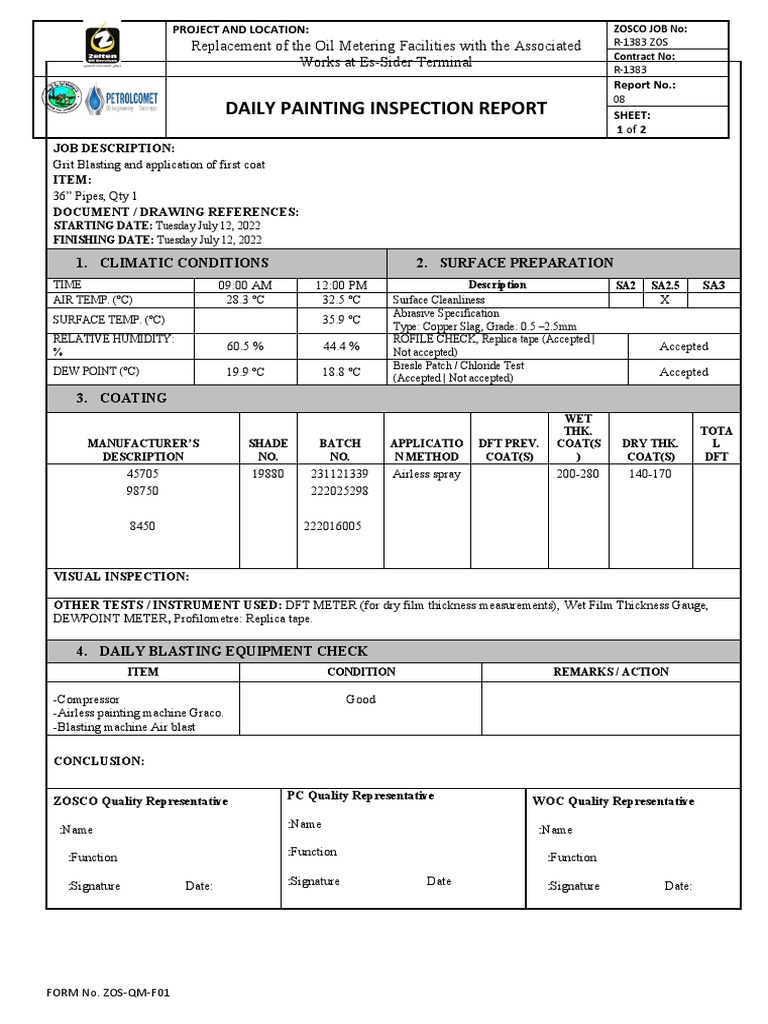 Daily Painting Inspection Report 08 | PDF | Materials | Metals