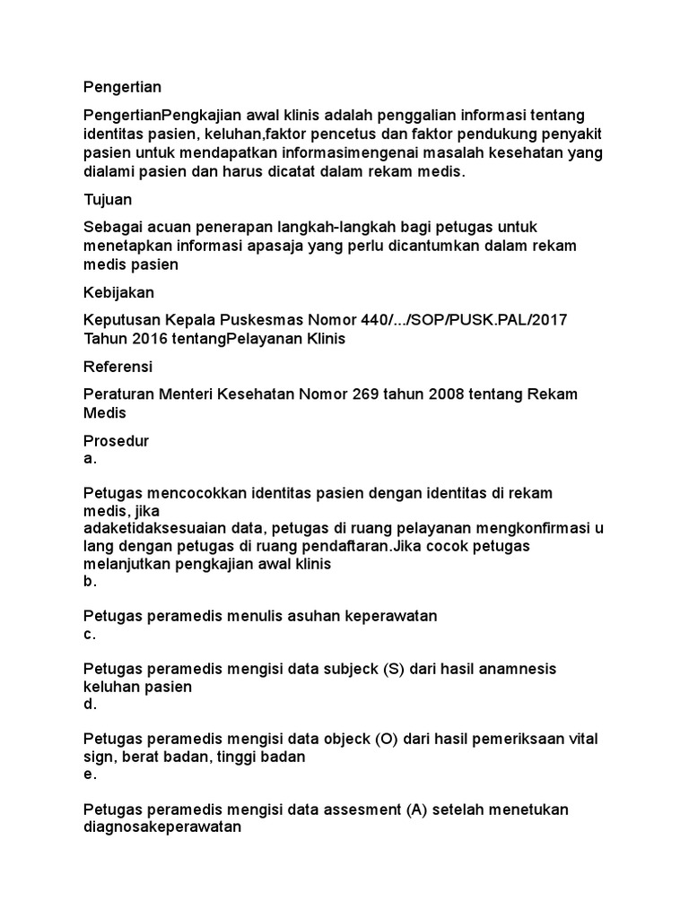Contoh Sop Pengkajian Awal Klinis | PDF | Sains & Matematika