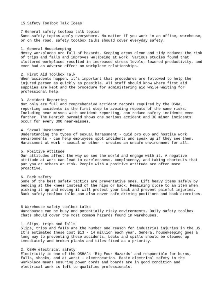 15 Essential Safety Toolbox Talk Topics | PDF | Occupational Safety And ...