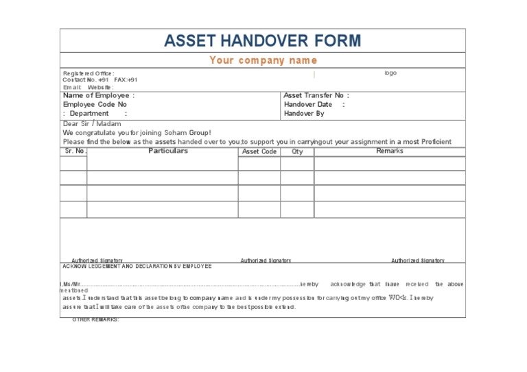 Asset Handover Form Pdf