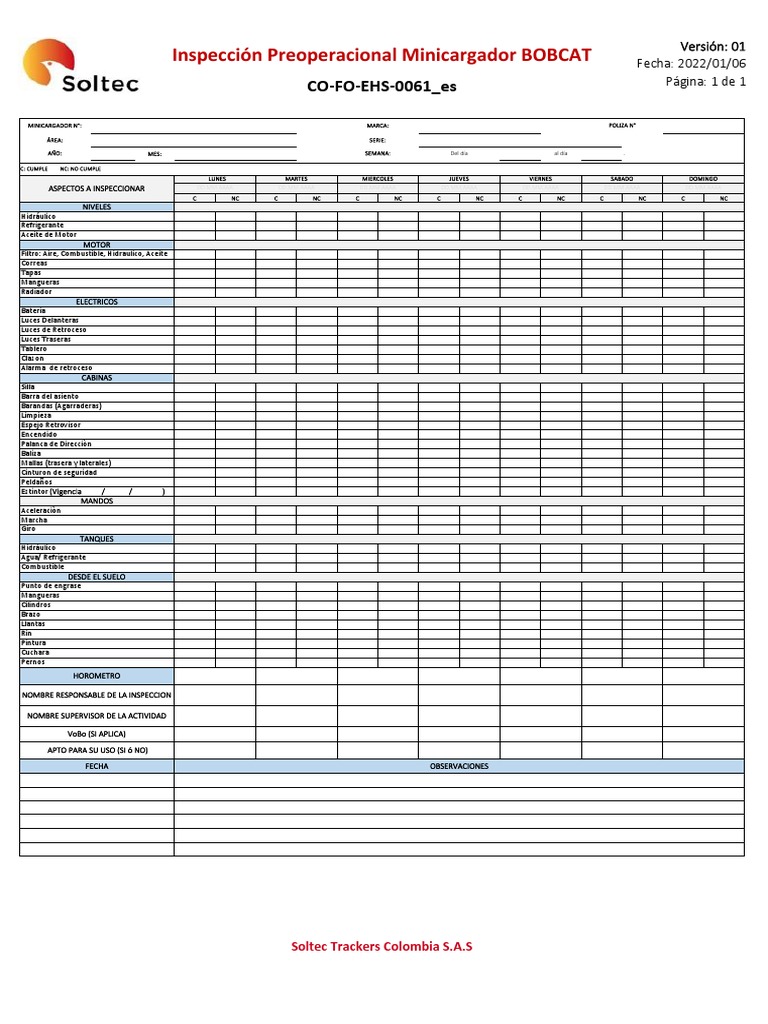 CO-FO-EHS-0061 Es v01 Inspección Preoperacional Minicargador BOBCAT ...