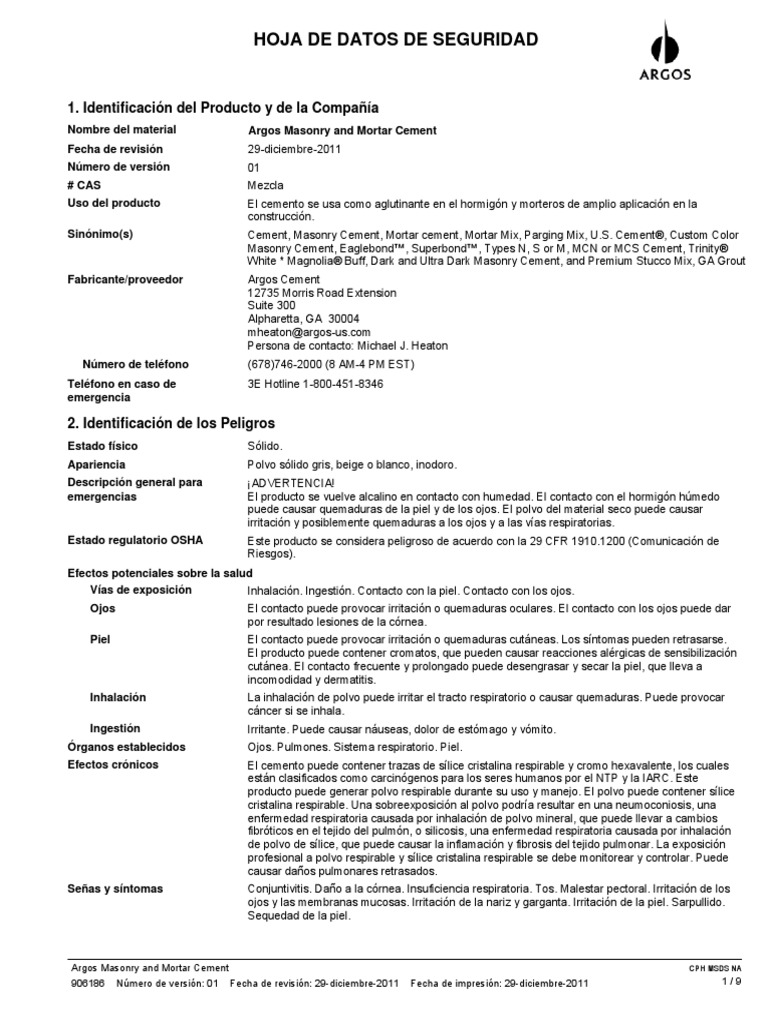 Hoja de Seguridad Cementos Argos | PDF | Magnesio | Agua