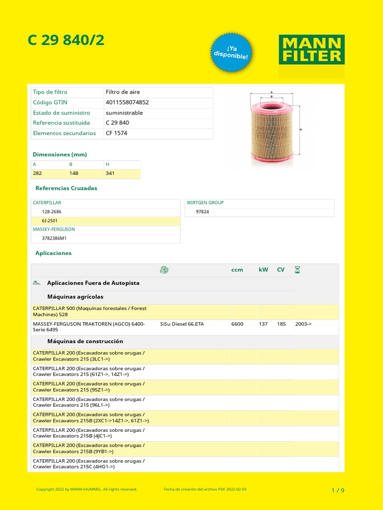 MANN-FILTER C 29 840 2 NEW AR Spa 2023-02-20 | PDF | Equipo industrial | Sector secundario de la ...