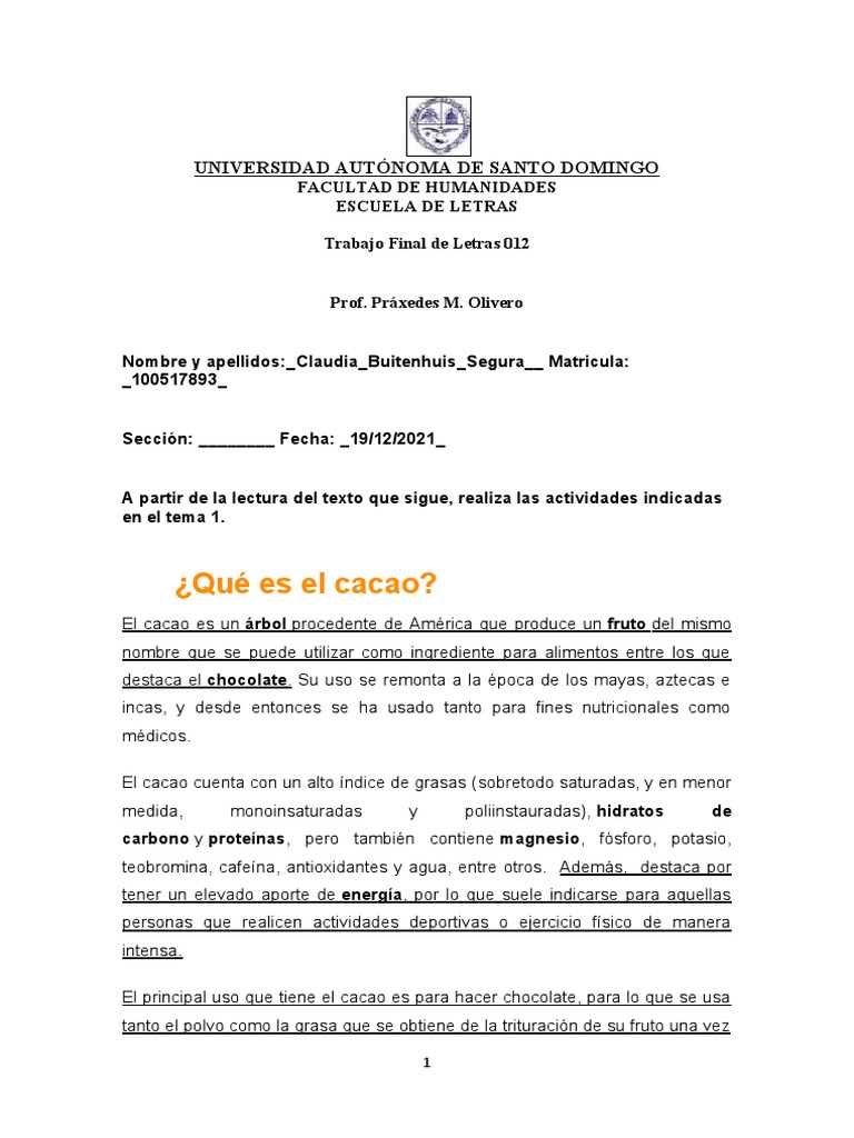 Cacao: Beneficios y Usos Históricos | PDF | Chocolate | Nutrición