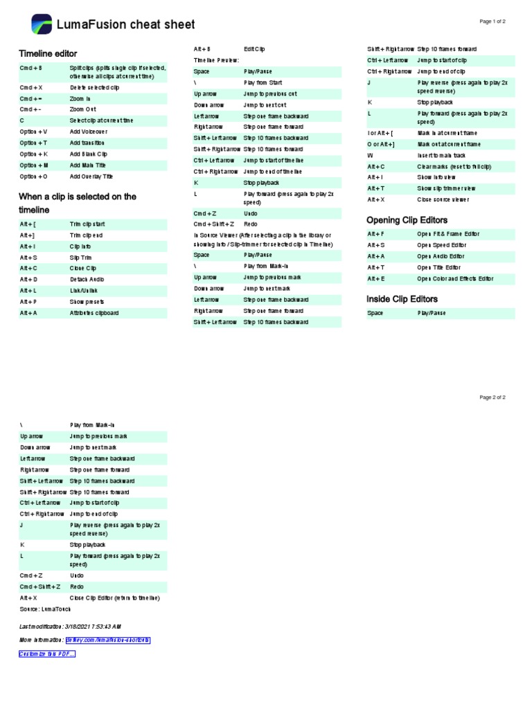 Lumafusion Shortcuts Landscape | PDF | Computing | Software