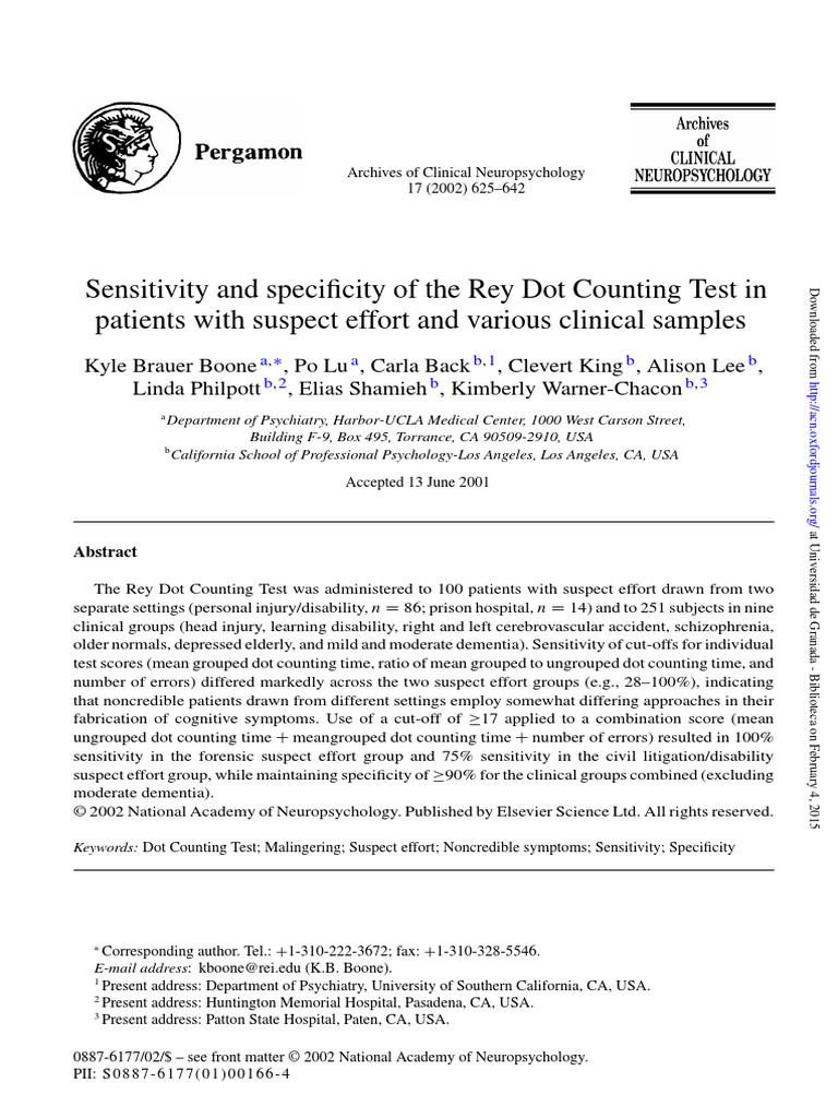 Dot Counting Test-2002-Boone | PDF | Sensitivity And Specificity | Dementia