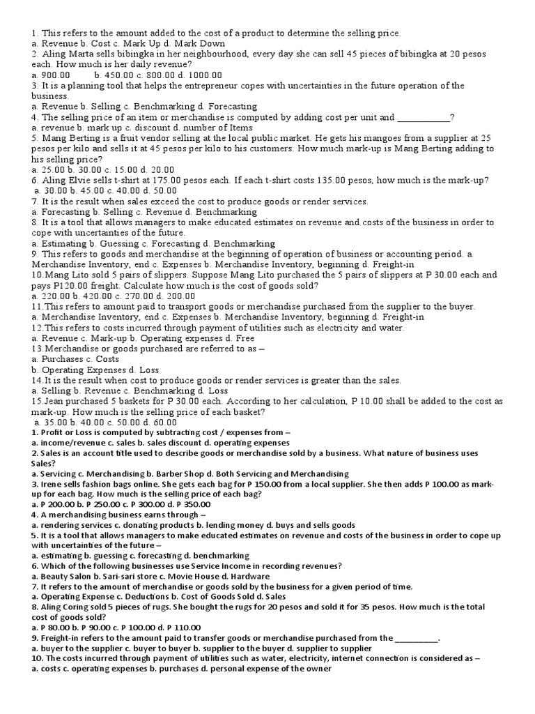 Entrepreneurship Quiz | PDF | Cost | Cost Of Goods Sold