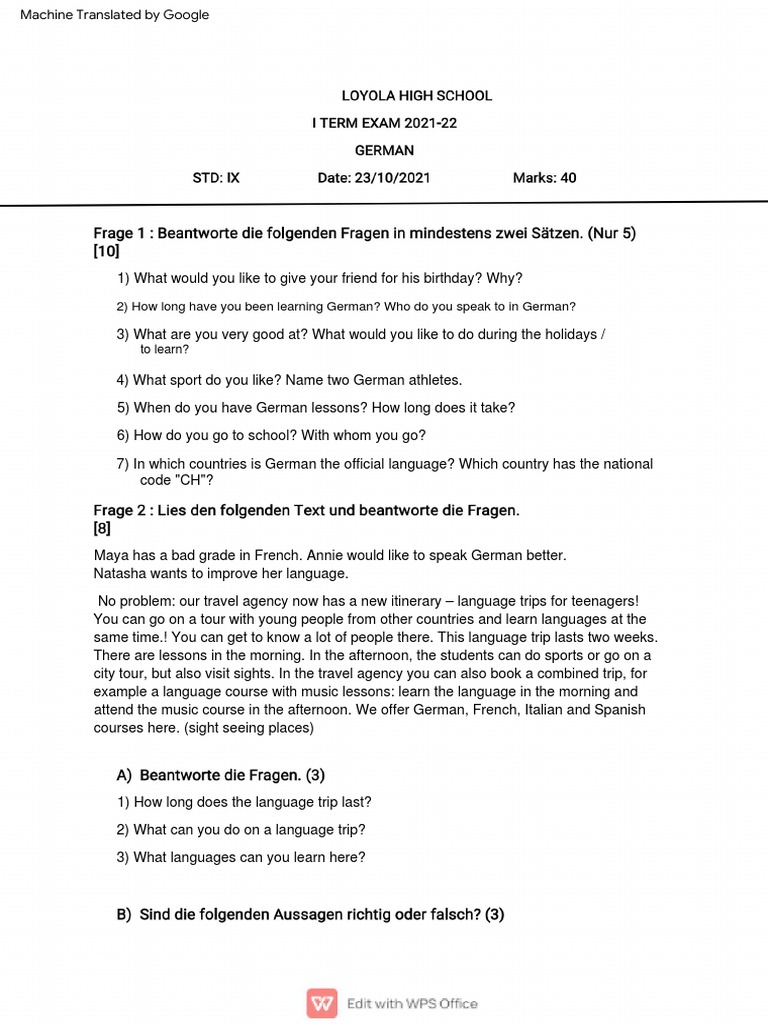 STD 9 - German - Q.Paper I Term Exam - Oct 2021 PDF | PDF | Syntax ...
