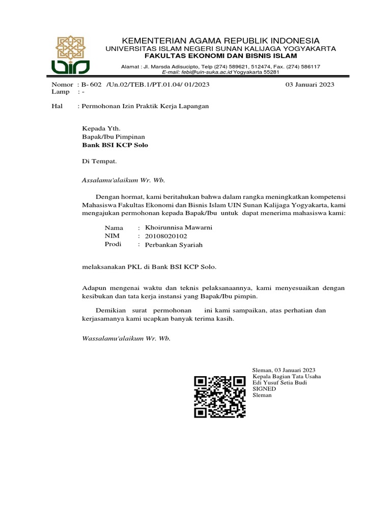 Permohonan PKL Mahasiswa UIN di Bank BSI | PDF