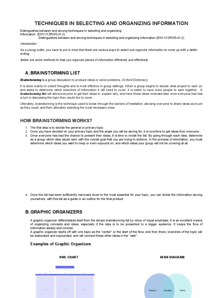 Techniques in Selecting and Organizing Information | PDF | Brainstorming | Information