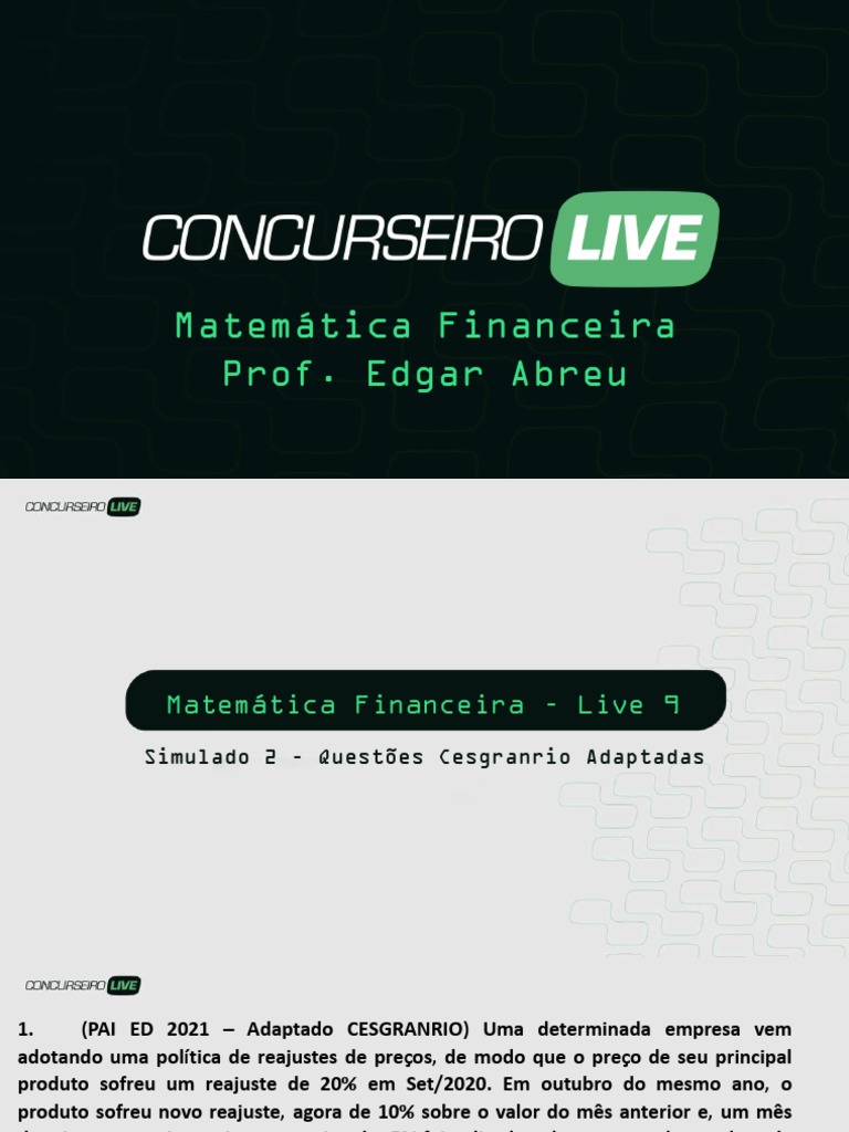 Slides - Matemática Financeira - Edgar Abreu - Live 9 - Simulado 2 | PDF | Juros | Empréstimos
