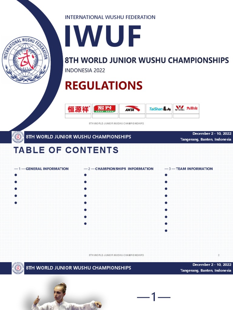 8th WORLD JUNIOR WUSHU CHAMPIONSHIPS REGULATIONS - 220927 - 080127 PDF | PDF | Combat Sports ...