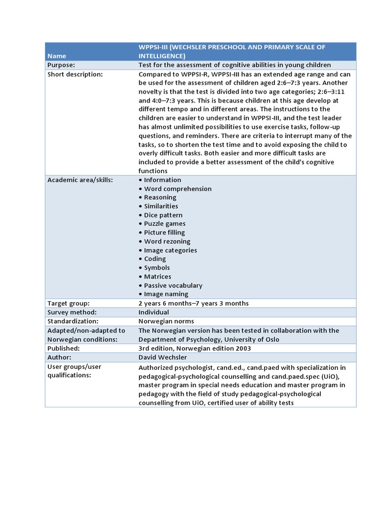 WPPSI-III Overview for Psychologists | PDF | Behavioural Sciences ...