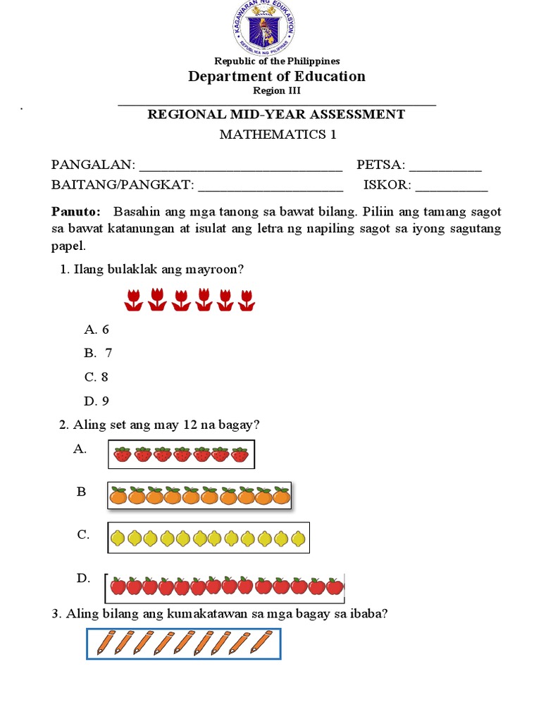 Math 1 Tagalog Regional Mid-Year Assessment | PDF Math 1 Tagalog Regional Mid-Year Assessment | PDF