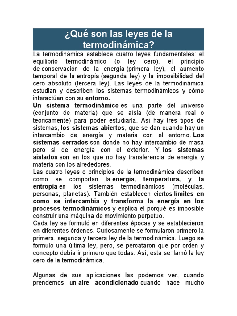 Las cuatro leyes fundamentales de la termodinámica y sus aplicaciones | PDF | Termodinámica ...