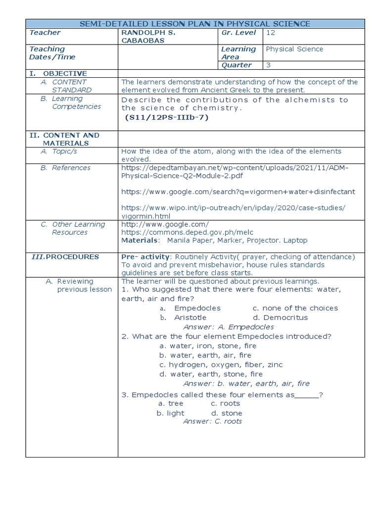 Lesson Plan Physical Science | PDF | Alchemy