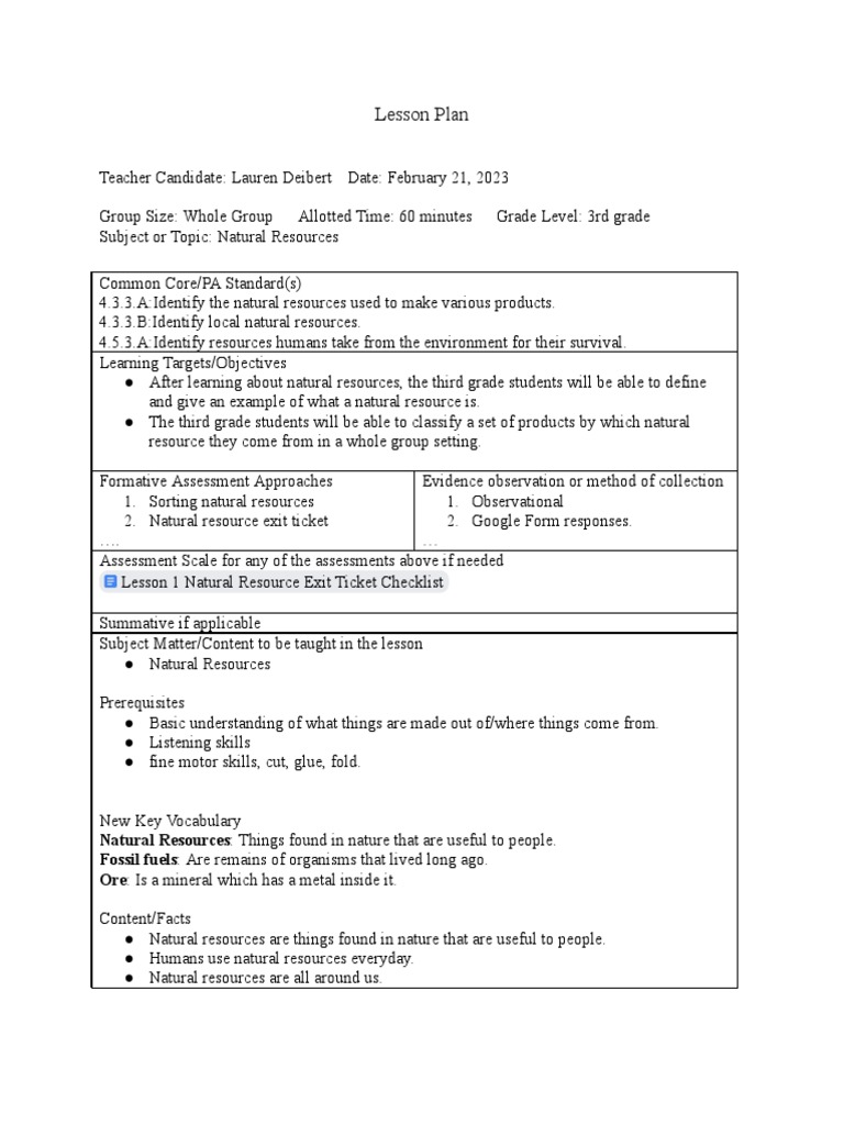 Resources Unit Lesson Plan 1 | PDF