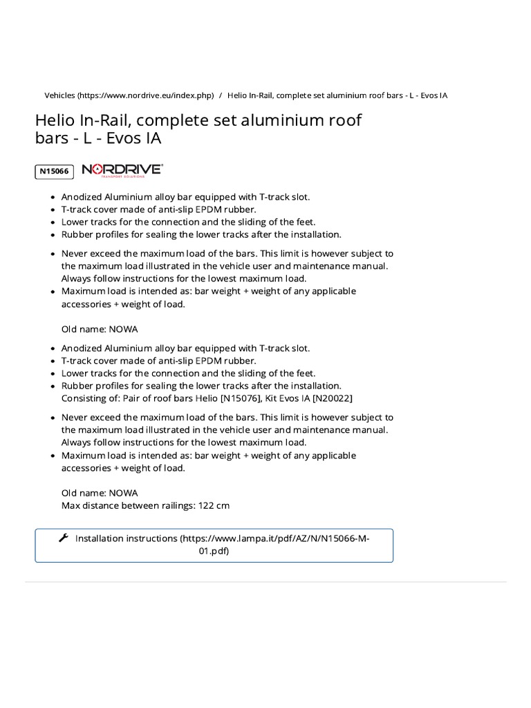 Helio In-Rail, Complete Set Aluminium Roof Bars - L - Evos IA | PDF