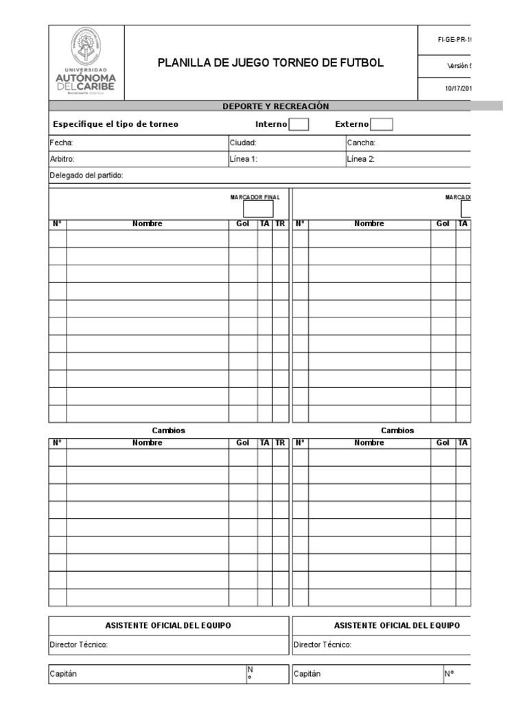 32 Planilla de Juego Torneo de Futbol 1 | PDF