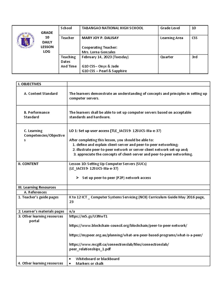 G10 - DALISAY - Daily Lesson Log 2 FINAL | PDF | Peer To Peer | Computer Network
