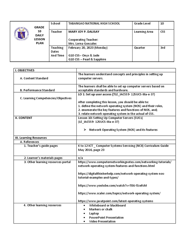 Grade10 - Session 1 DLP Week 2 - FINAL | PDF | Operating System | Client–Server Model