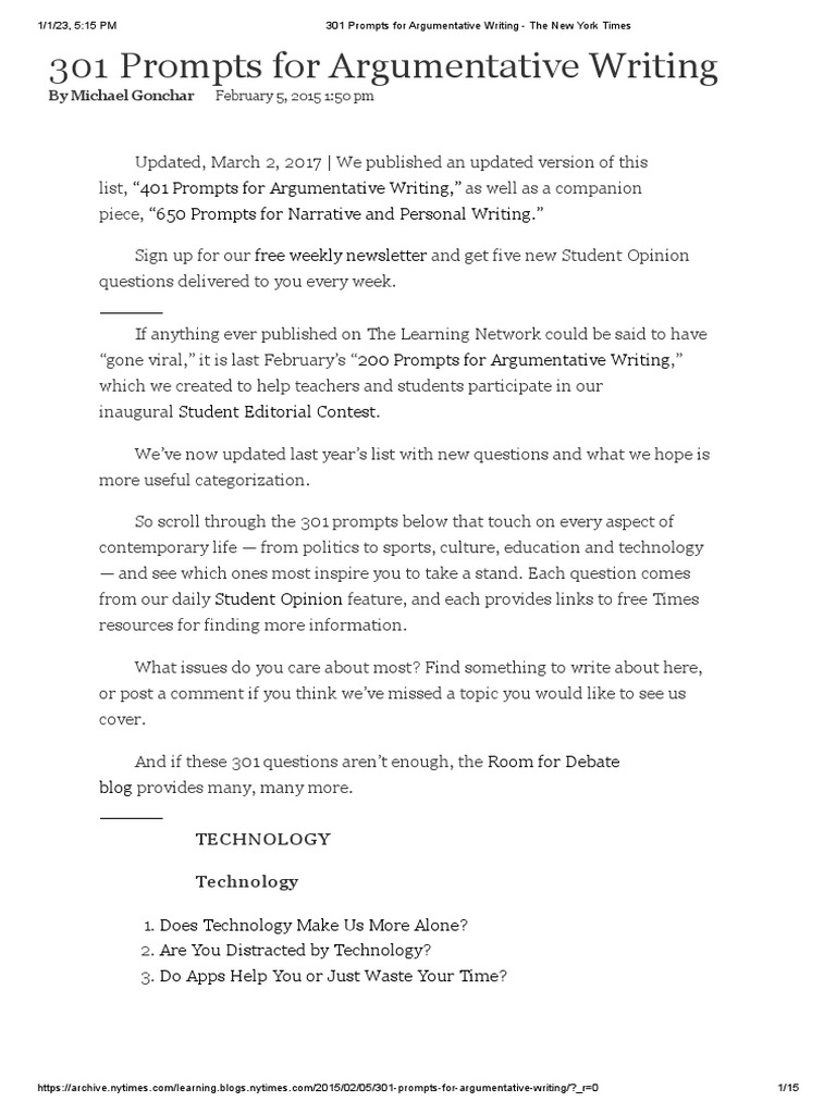 301 Prompts For Argumentative Writing - The New York Times | PDF ...