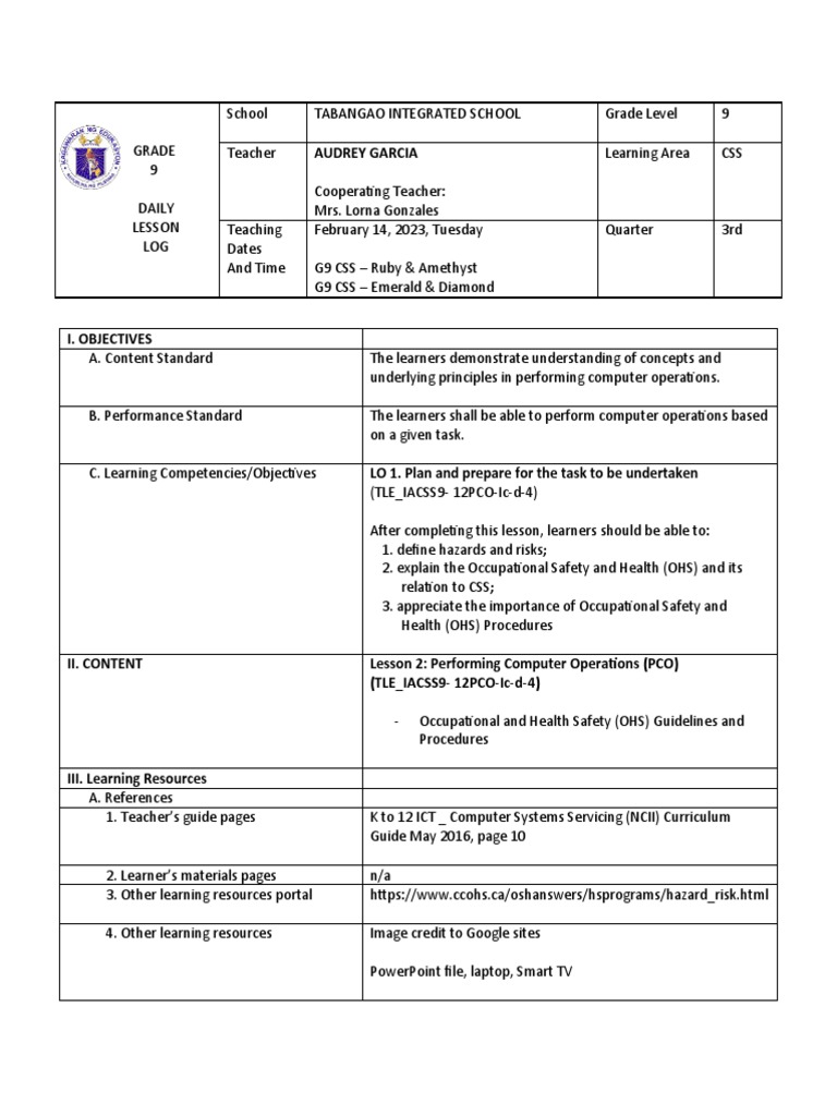 1 MsAudrey Daily-Lesson-Log Final | PDF | Occupational Safety And Health | Risk