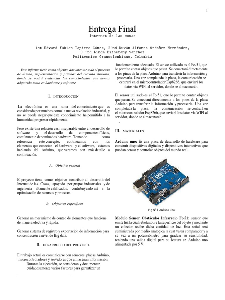 Internet de Las Cosas - Entrega Final PDF | PDF | Arduino | Hardware de la computadora