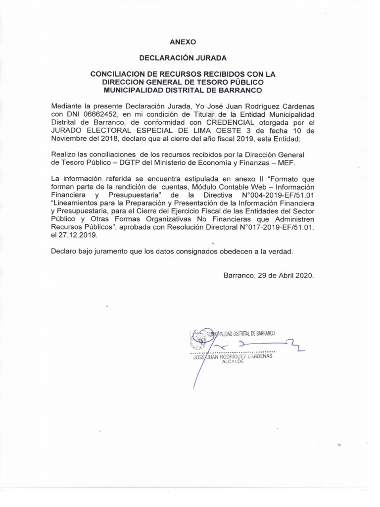 Declaracion Jurada Conciliacion de Recursos Recibidos Con La Direccion ...